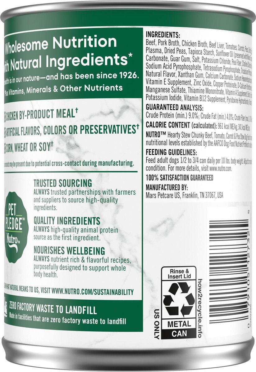 NUTRO Hearty Stew Adult Chunky Beef, Tomato, Carrot & Pea Canned Wet Dog Food, 12.5-oz, case of ...