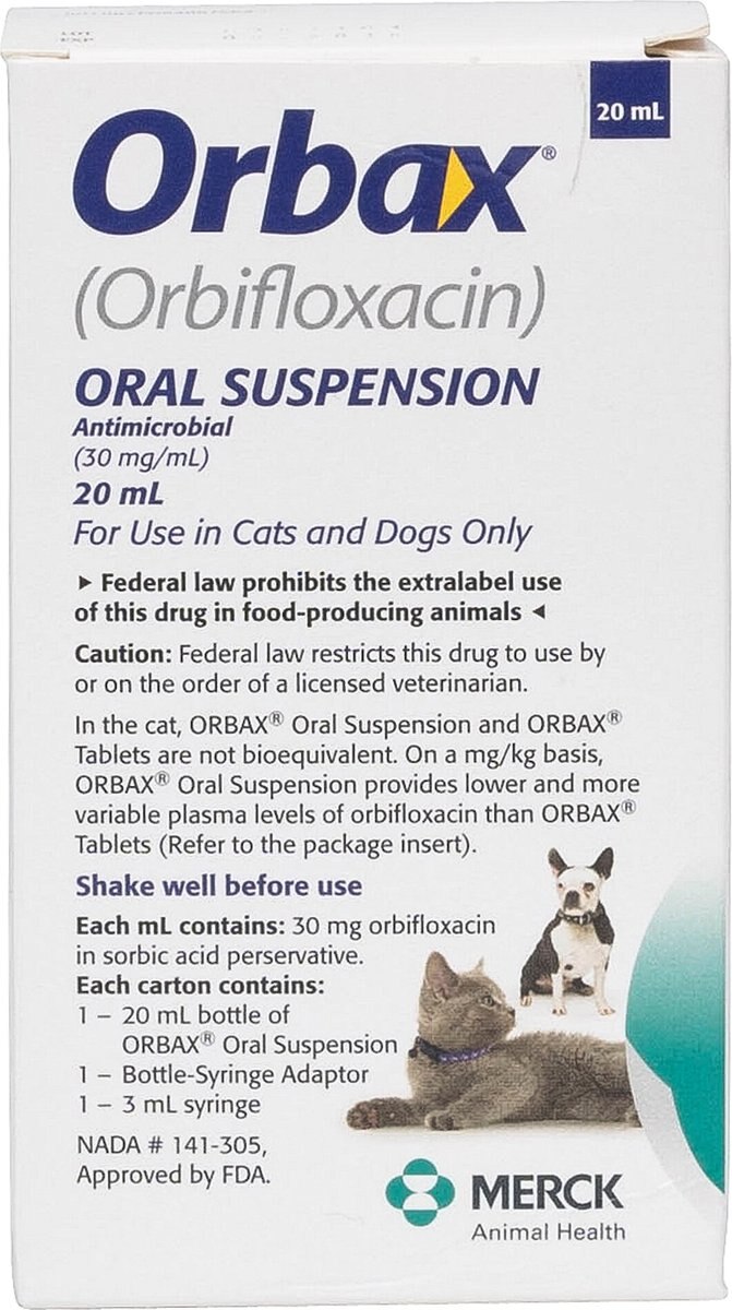 ORBAX (orbifloxacin) Oral Suspension for Dogs & Cats, 30 mg/mL, 20-mL ...