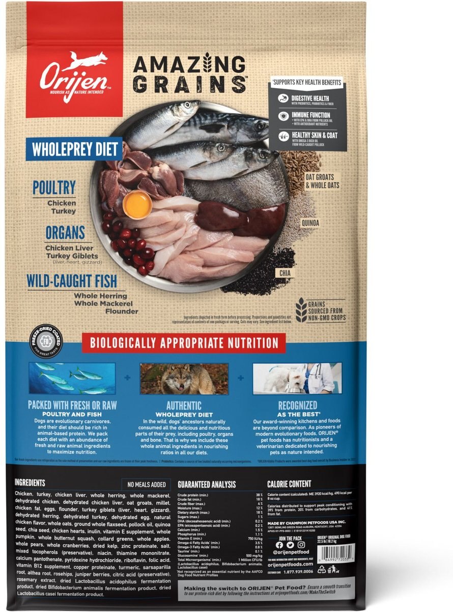 ORIJEN Amazing Grains Original Dry Dog Food, 22.5-lb bag - Chewy.com