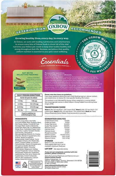 OXBOW Animal Healthy Essentials Natural Pellets Senior Rabbit Food, 8 ...