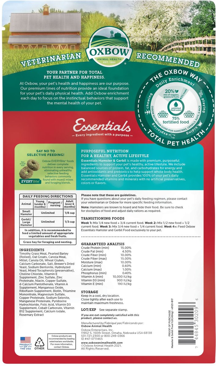 OXBOW Essentials Healthy Handfuls Gerbil & Hamster Food, 1-lb bag ...