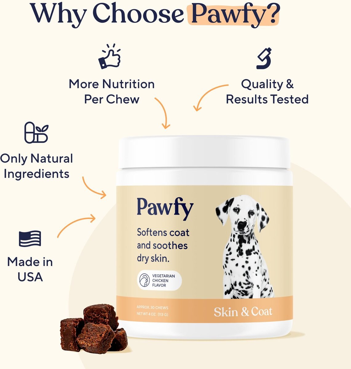 PAWFY Skin & Coat Chicken Flavor Chews Dog Supplement, 30 count - Chewy.com