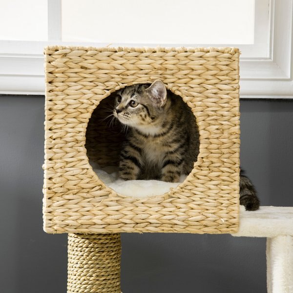 PAWHUT 40-in Cattail Weave Rattan Cat Tree, Natural Wood - Chewy.com