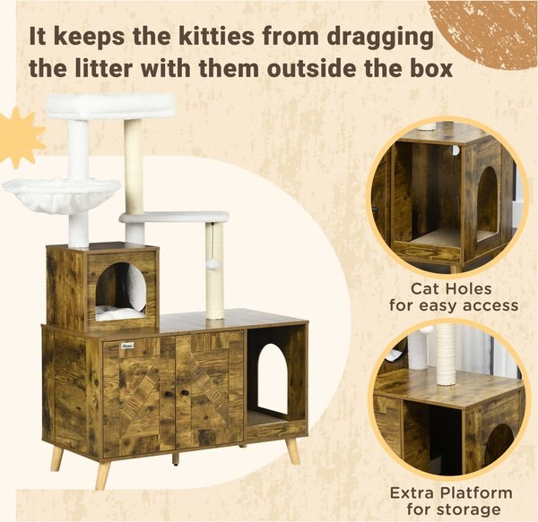Discontinued - PAWHUT 54.25" Wooden Cat Tree & Litter Box Enclosure ...
