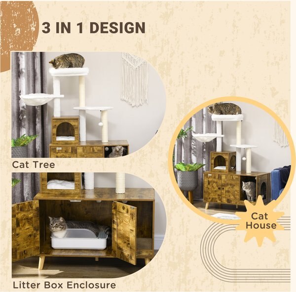 Discontinued - PAWHUT 54.25" Wooden Cat Tree & Litter Box Enclosure ...