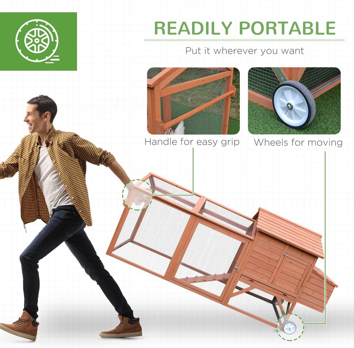 PAWHUT Outdoor Back Yard Portable Cage House Wooden with Wheels ...