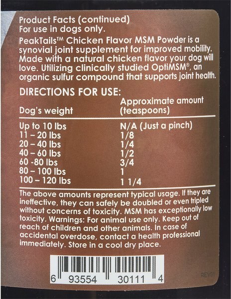 PEAKTAILS MSM Chicken Flavored Powder Supplement for Dogs, 1-lb tub ...