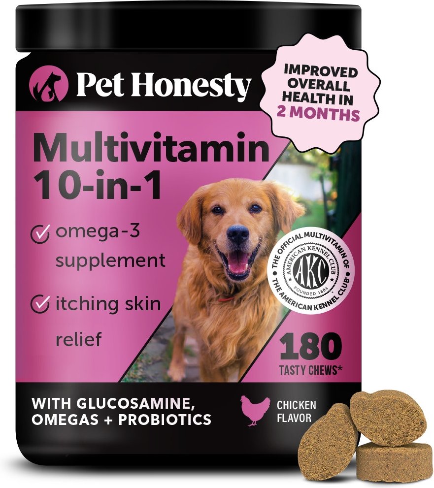 PET HONESTY Multivitamin 10-in-1 Chicken Flavor Glucosamine, Omega-3 Vitamins for Dogs, 180 ...