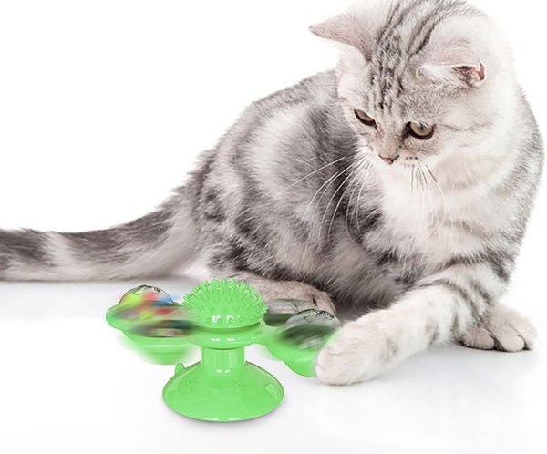 PET LIFE 'Windmill' Rotating Suction Cup Spinning Cat Toy, Green ...