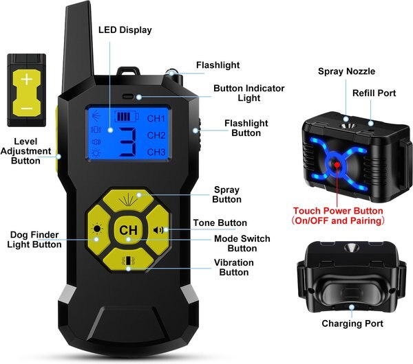 PETDIARY T500 Deterrent Spray Rechargable Remote Dog Training Collar ...