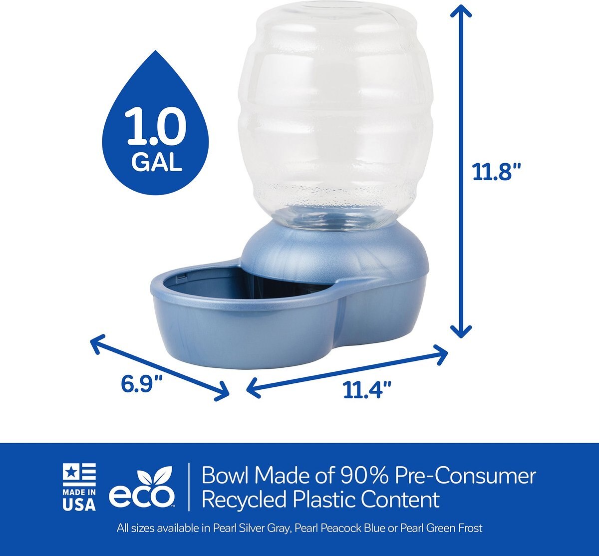PETMATE Pearl Replendish Waterer with Microban, Peacock Blue, 1-gal ...