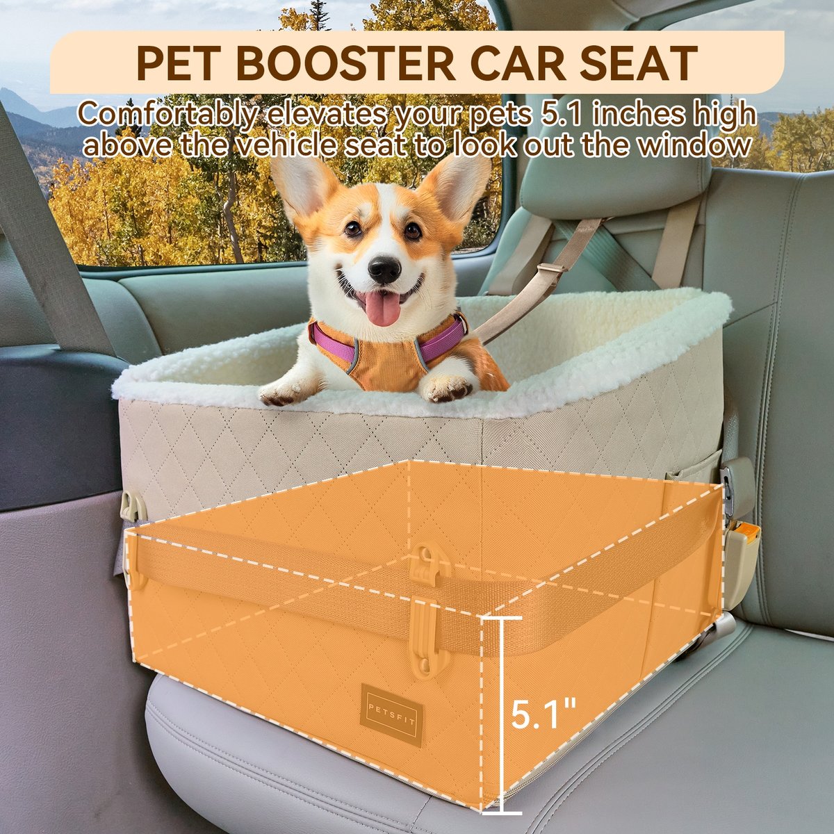 PETSFIT Medium Dog Car Booster Seat, Khaki - Chewy.com