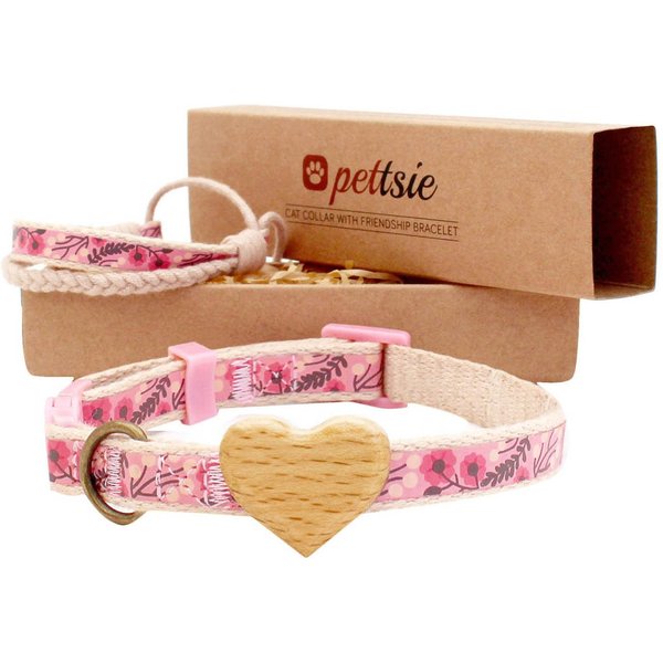 PETTSIE Heart Cotton Breakaway Cat Collar with Friendship Bracelet, Pink, 8 to 11-in neck, 3/8 ...