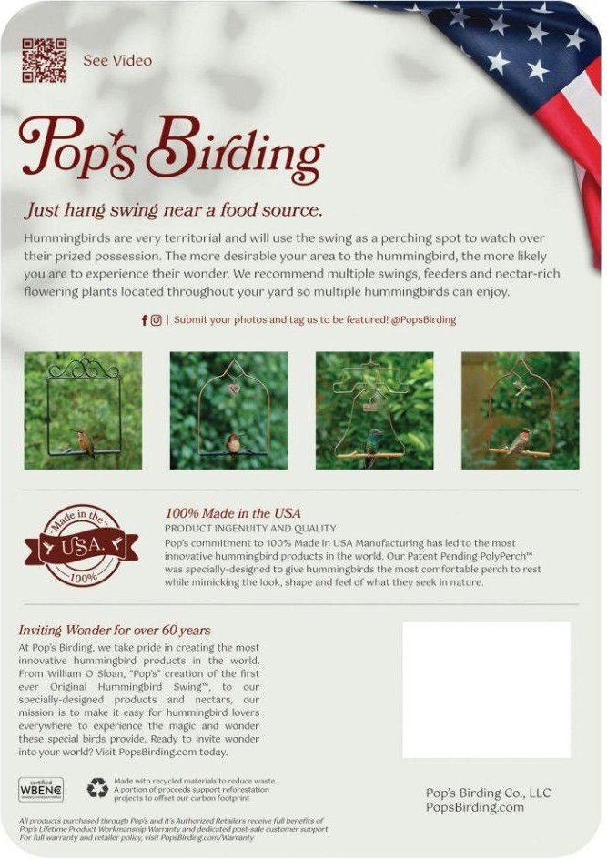 POP'S BIRDING Copper Hummingbird Swing, Bark Brown Perch - Chewy.com