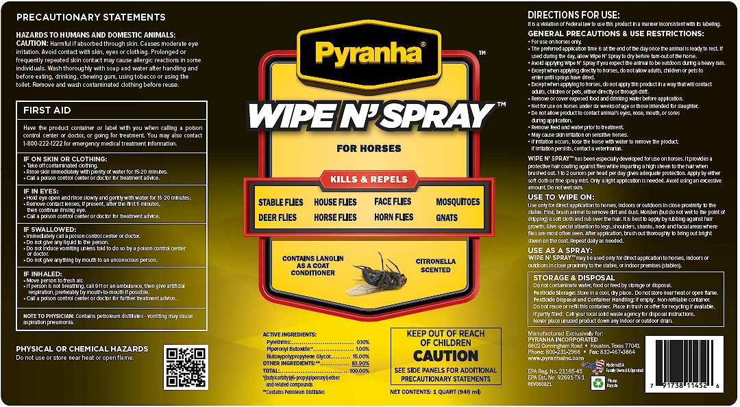PYRANHA Wipe N' Spray Fly Protection Horse Spray, 32-fl oz bottle ...