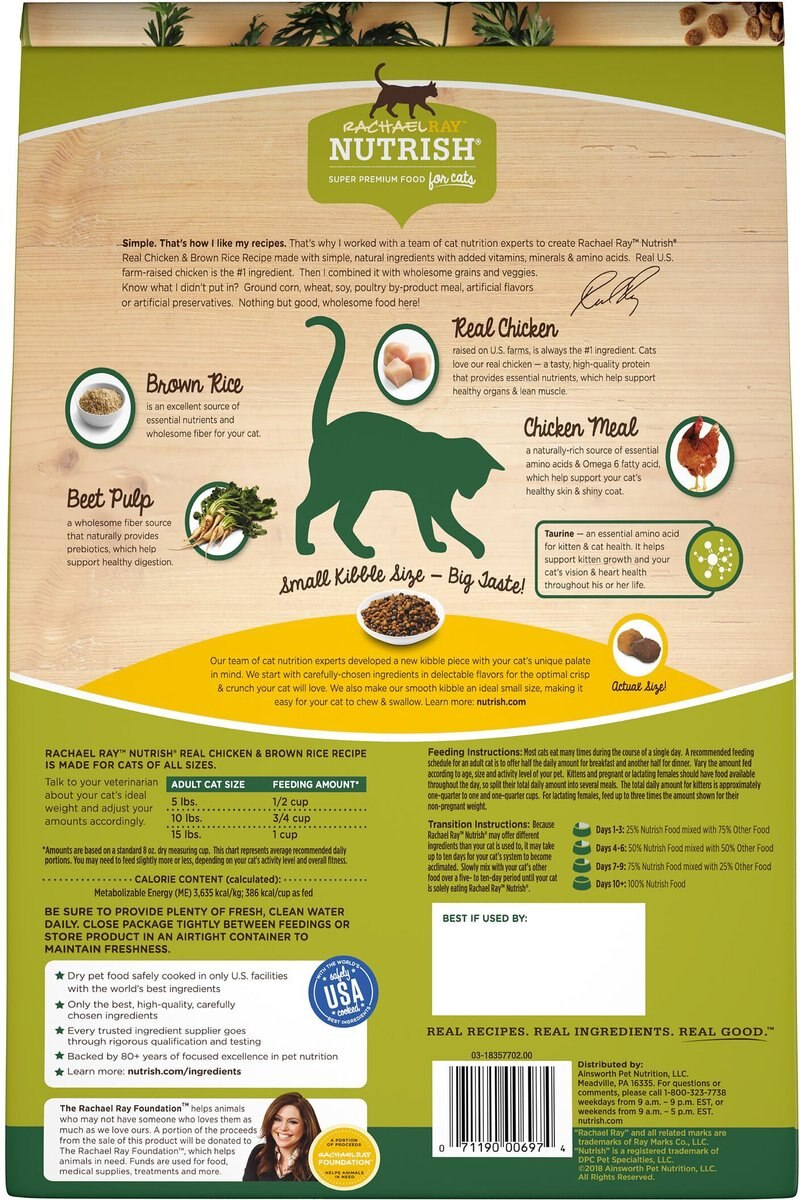 RACHAEL RAY NUTRISH Chicken & Brown Rice Recipe Dry Cat Food, 6-lb bag ...