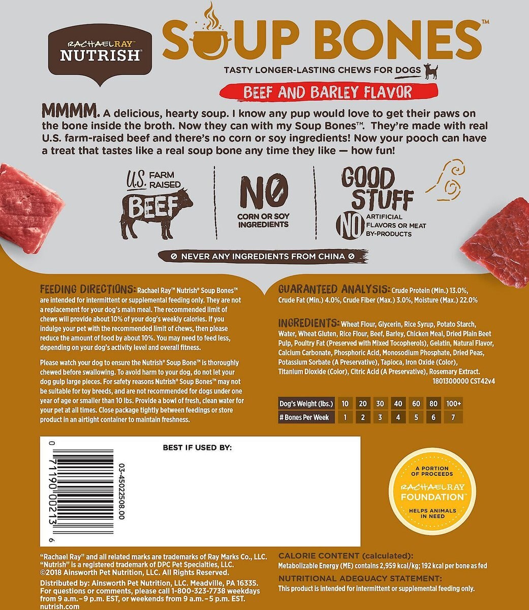 RACHAEL RAY NUTRISH Soup Bones Beef & Barley Flavor Chews Dog Treats ...