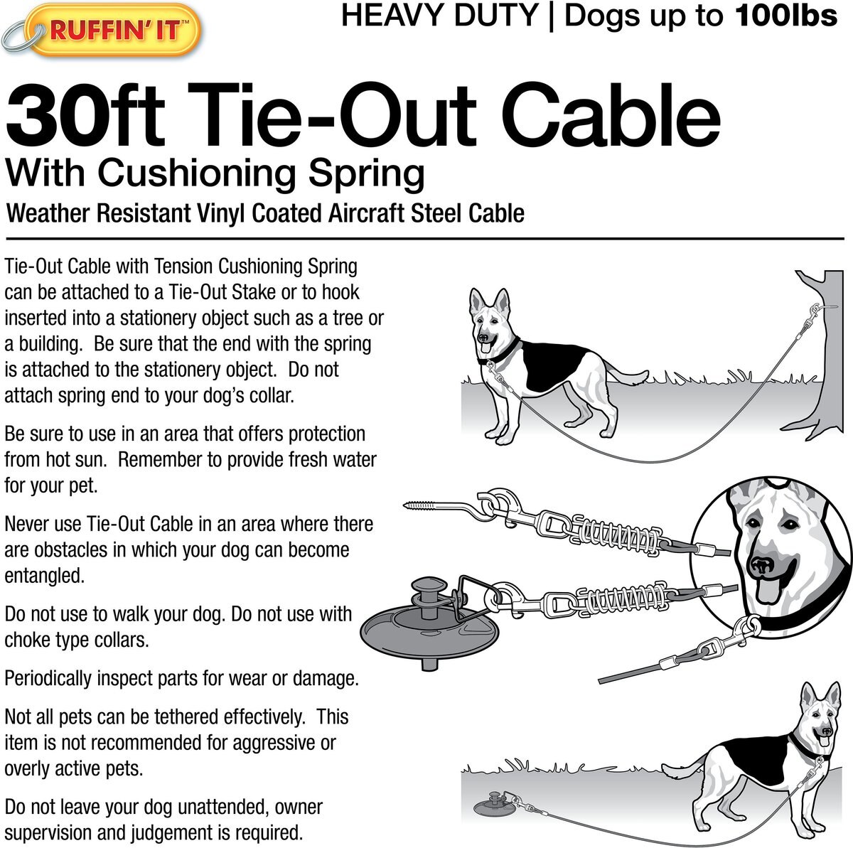 RUFFIN' IT Heavy Duty Dog Tie Out Cable with Cushioning Spring, 30-ft ...
