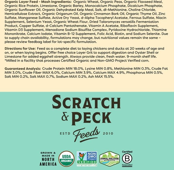 SCRATCH AND PECK FEEDS Organic Chicken & Duck Feed 18% Layer Mash, 40 ...