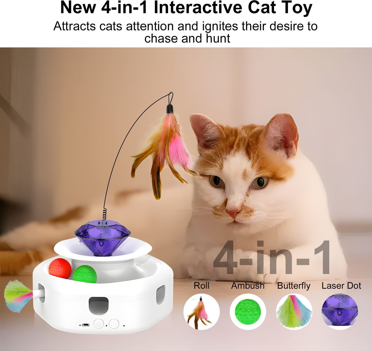 SHELE Play Purrfect 4 in 1 Interactive Rotating Wand Cat Toy, White ...