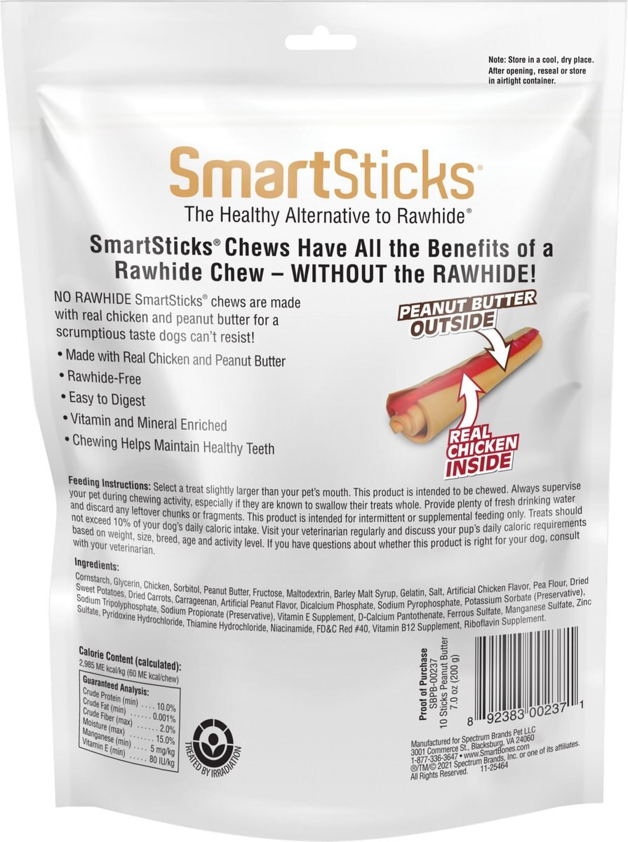 SMARTBONES SmartSticks Rawhide-Free Peanut Butter Dog Treats, 10 count ...