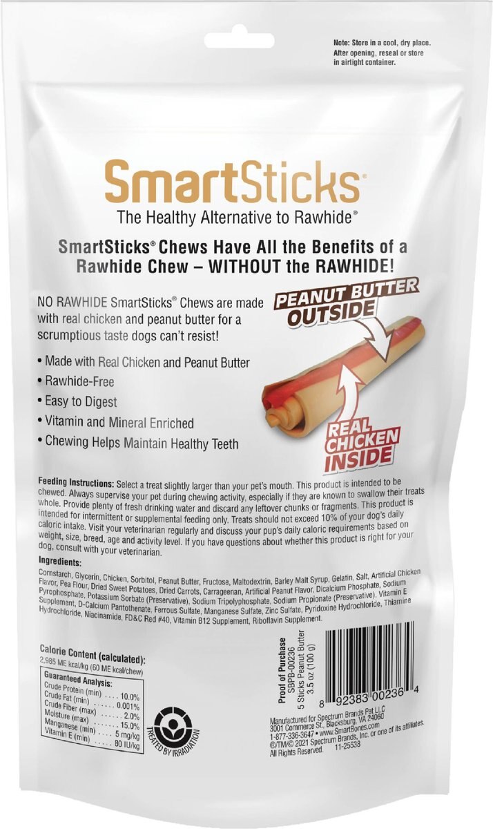 SMARTBONES SmartSticks Rawhide-Free Peanut Butter Dog Treats, 5 count ...