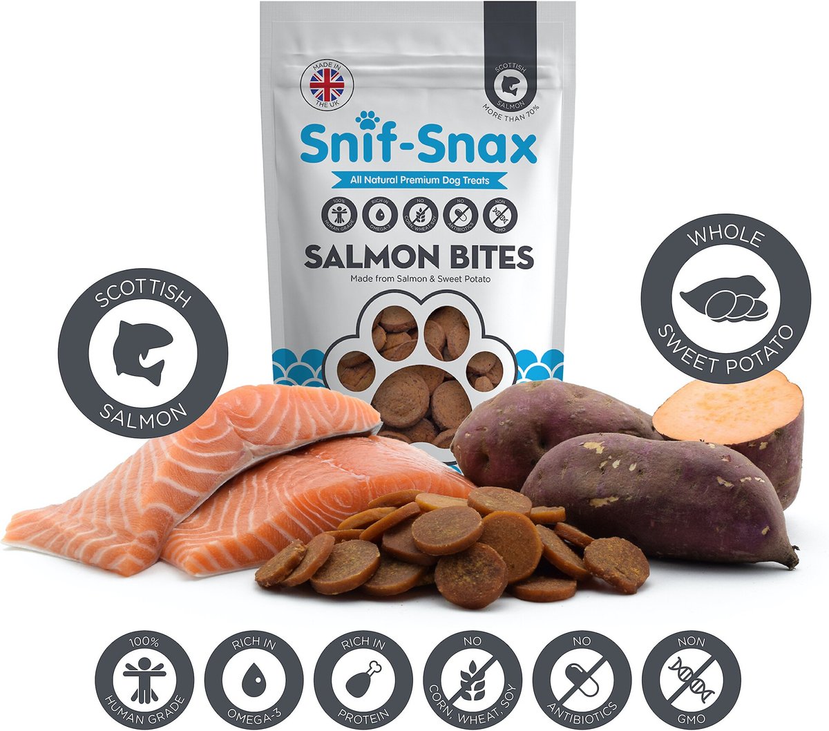 SNIF-SNAX Smoked Salmon & Sweet Potato Bites Grain-Free Dog Treats, 4 ...