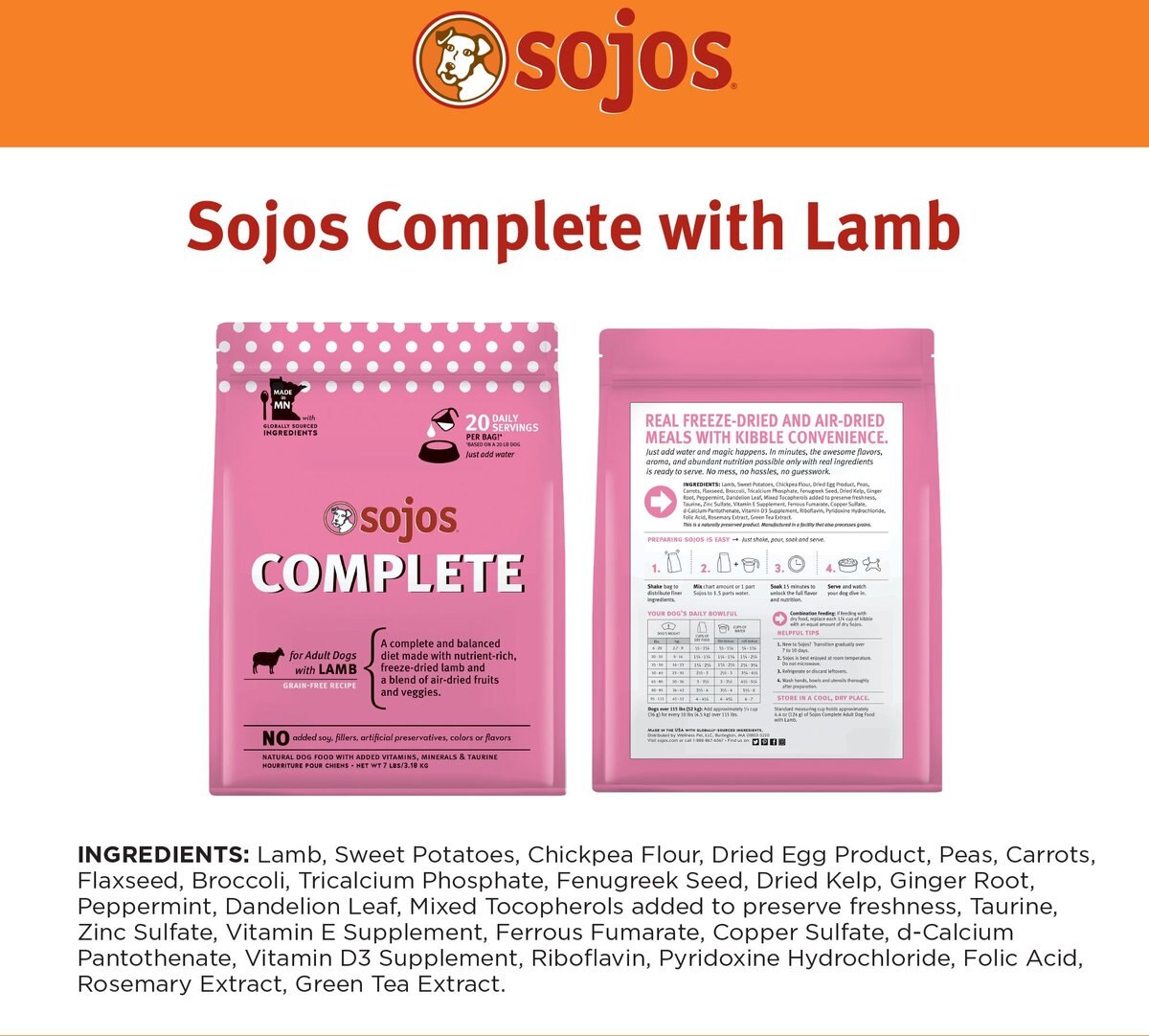 SOJOS Complete Lamb Recipe Adult Grain-Free Freeze-Dried Dehydrated Dog ...