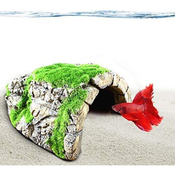 SUNGROW Hide & Climbing Resin Rock Cave with Artificial Moss Betta Fish ...