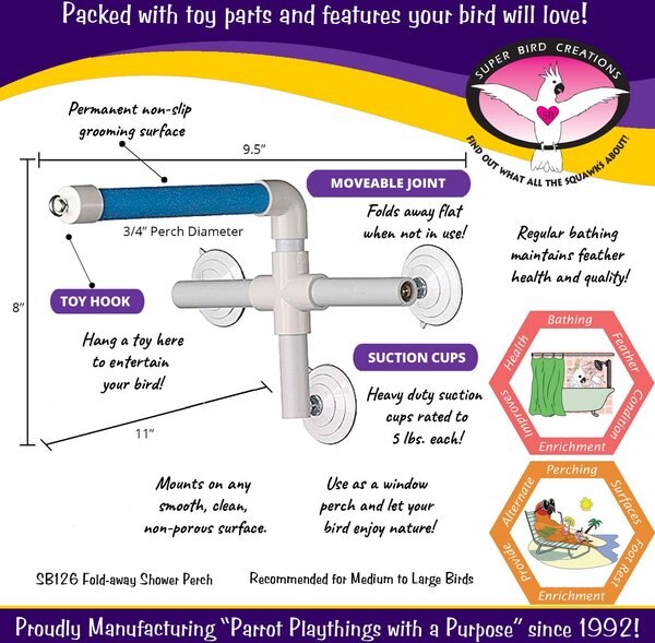 SUPER BIRD CREATIONS Fold Away Shower Window Bird Perch, Medium/Large ...