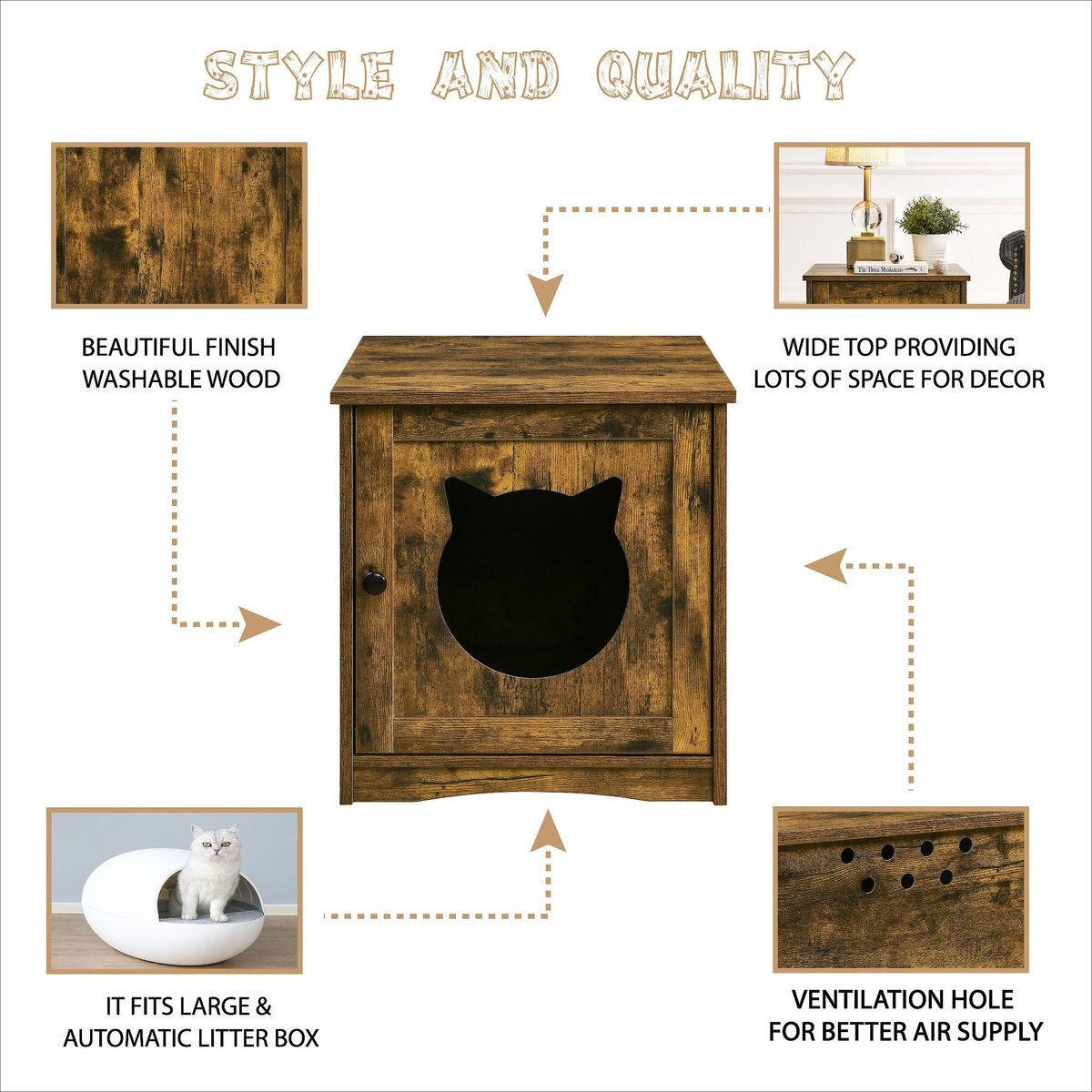 SWEET BARKS Enclosed House Side Table Cat Litter Box, Rustic Brown ...