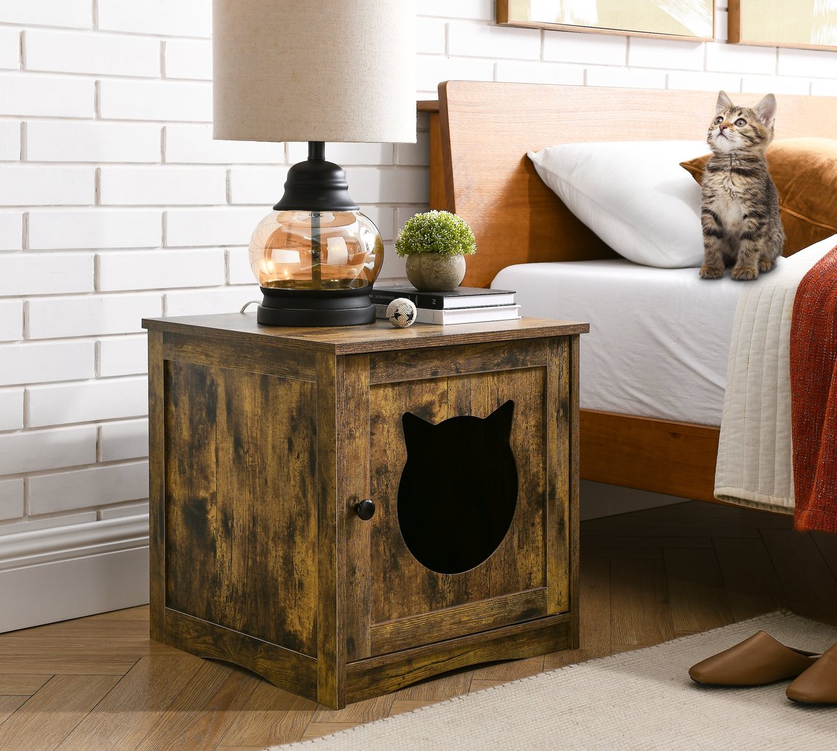 SWEET BARKS Enclosed House Side Table Cat Litter Box, Rustic Brown ...