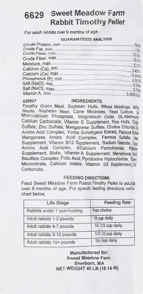 SWEET MEADOW FARM Timothy Pellets Adult Rabbit Food, 40-lb bag - Chewy.com