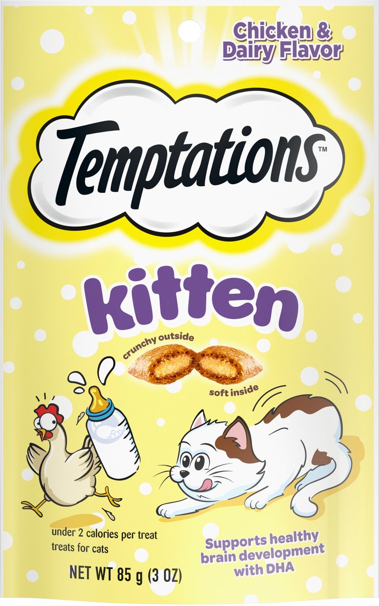 TEMPTATIONS Chicken & Dairy Flavor Crunchy & Soft Kitten Treats, 3-oz ...