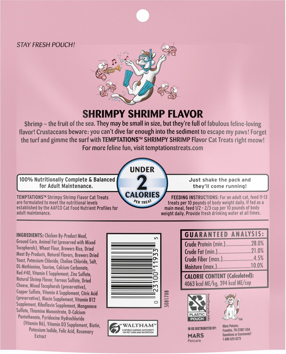TEMPTATIONS Classic Shrimpy Shrimp Flavor Soft & Crunchy Cat Treats, 6. ...