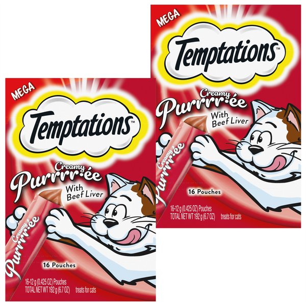 TEMPTATIONS Creamy Puree with Cheese Topper Lickable Cat Treats, 32 ...