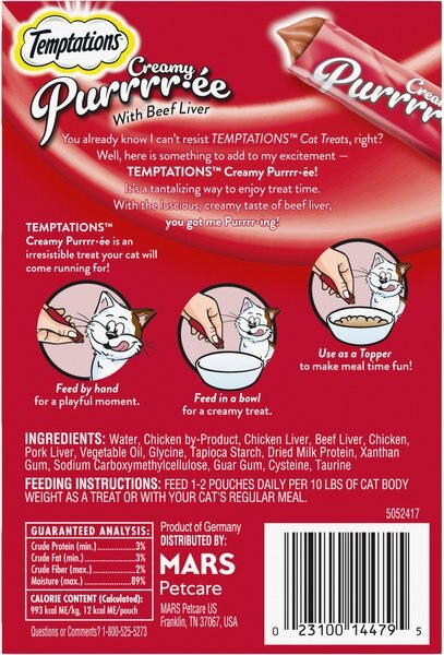 TEMPTATIONS Creamy Puree with Beef Liver Lickable, Squeezable Cat Treat ...