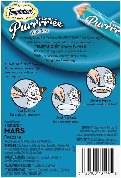 TEMPTATIONS Creamy Puree with Tuna Lickable Cat Treats, 0.425-oz pouch ...