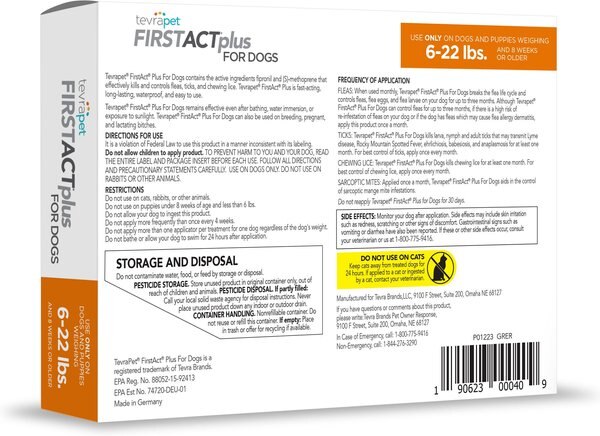 TEVRAPET FirstAct Plus Flea & Tick Treatment for Dogs, 6 - 22lbs, 12 ...