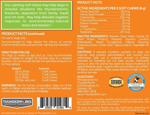 THUNDERWUNDERS Hemp Calming Dog Chews, 60 Count - Chewy.com