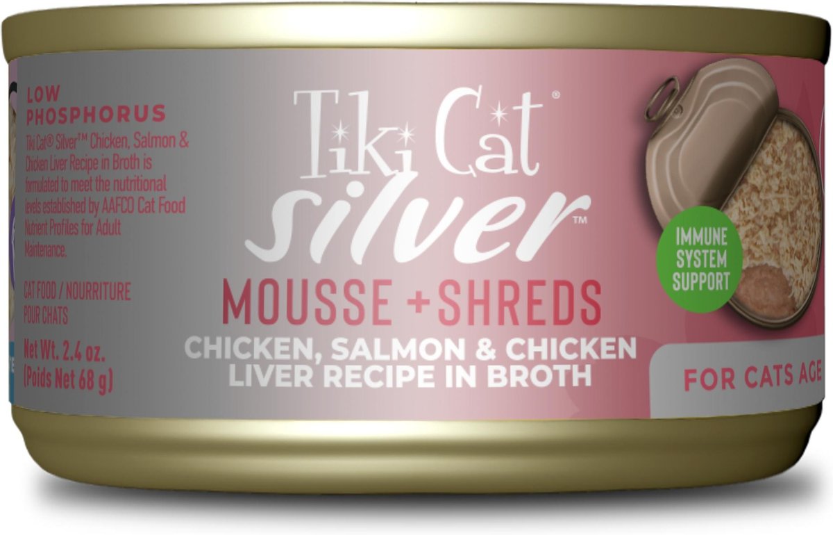 TIKI CAT Silver Chicken, Salmon & Chicken Liver Mousse & Shreds Grain-Free Wet Cat Food, 2.4-oz ...