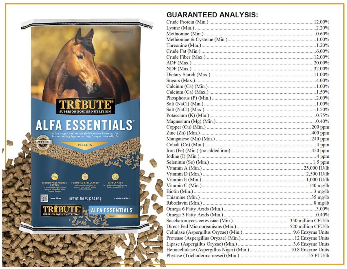 TRIBUTE EQUINE NUTRITION Alfa Essentials Pellets Horse Feed, 50-lb bag ...
