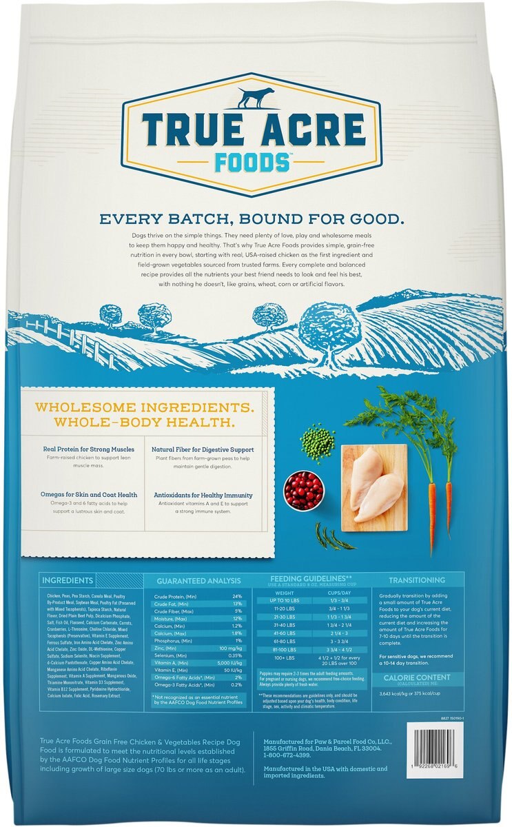TRUE ACRE FOODS Grain-Free Chicken & Vegetable Dry Dog Food, 40-lb bag ...