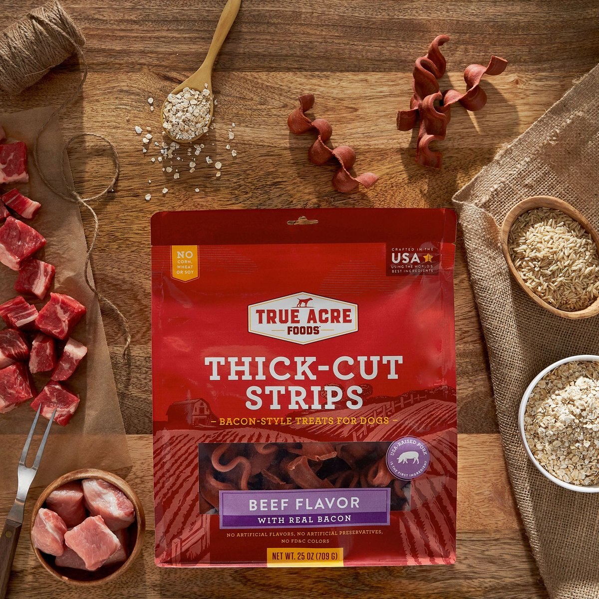 TRUE ACRE FOODS Thick Cut Strips with Real Bacon & Beef Dog Treats, 25-oz bag, bundle of 2 ...
