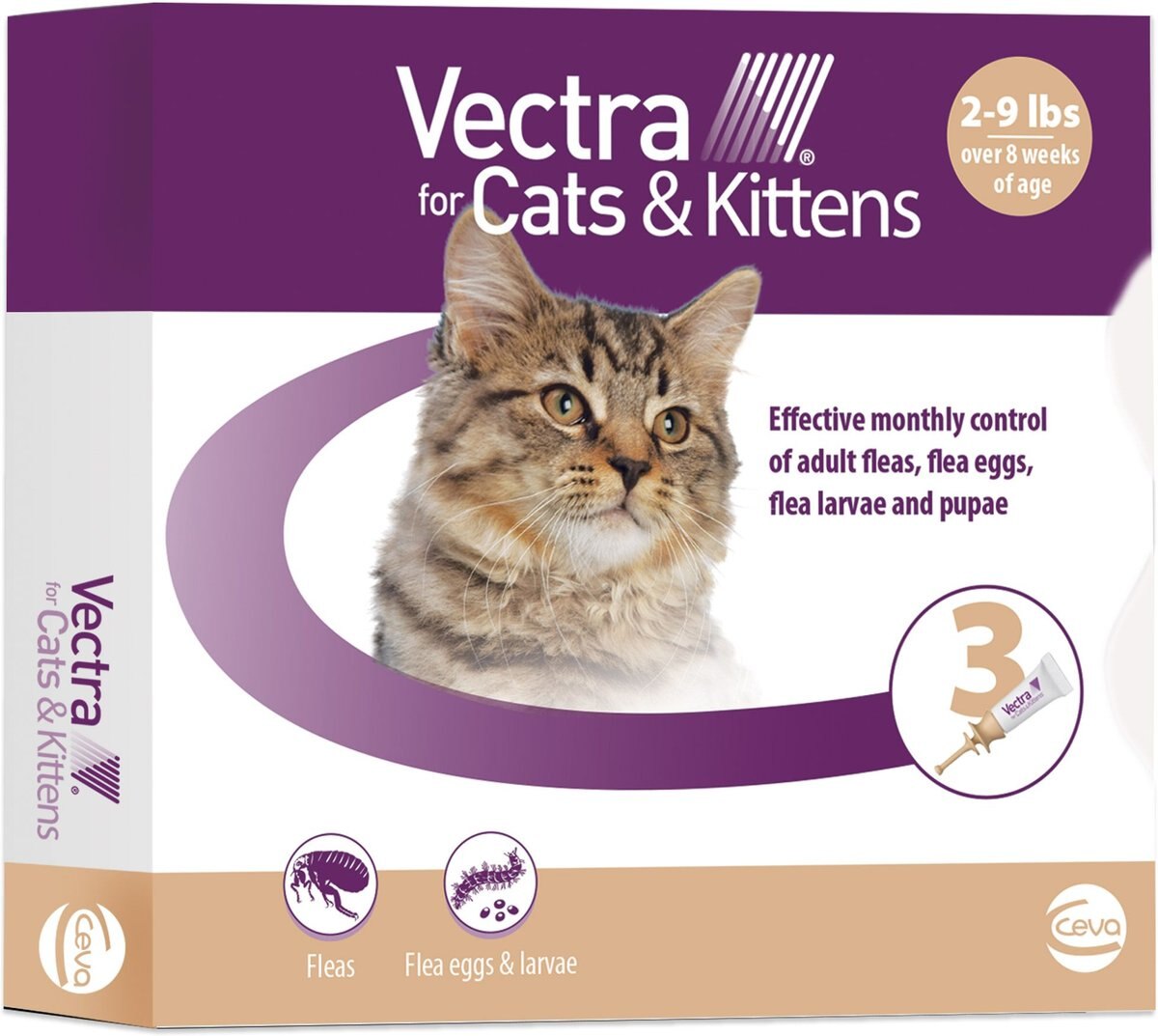 VECTRA Flea Spot Treatment for Cats & Kittens, 2-9 lbs, (Tan Box), 3 ...