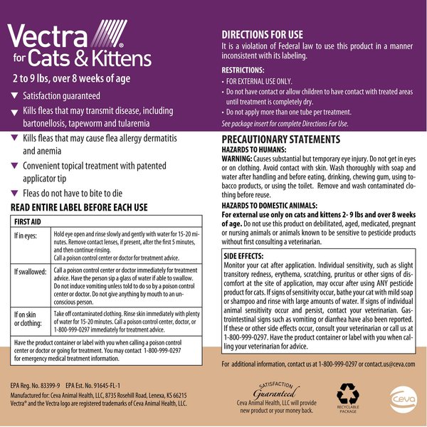 VECTRA Flea Spot Treatment for Cats & Kittens, 2-9 lbs, (Tan Box), 3 ...