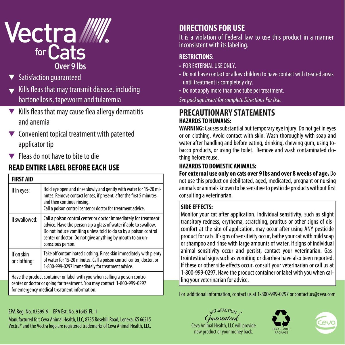 VECTRA Flea Spot Treatment for Cats & Kittens, over 9 lbs, (Green Box ...