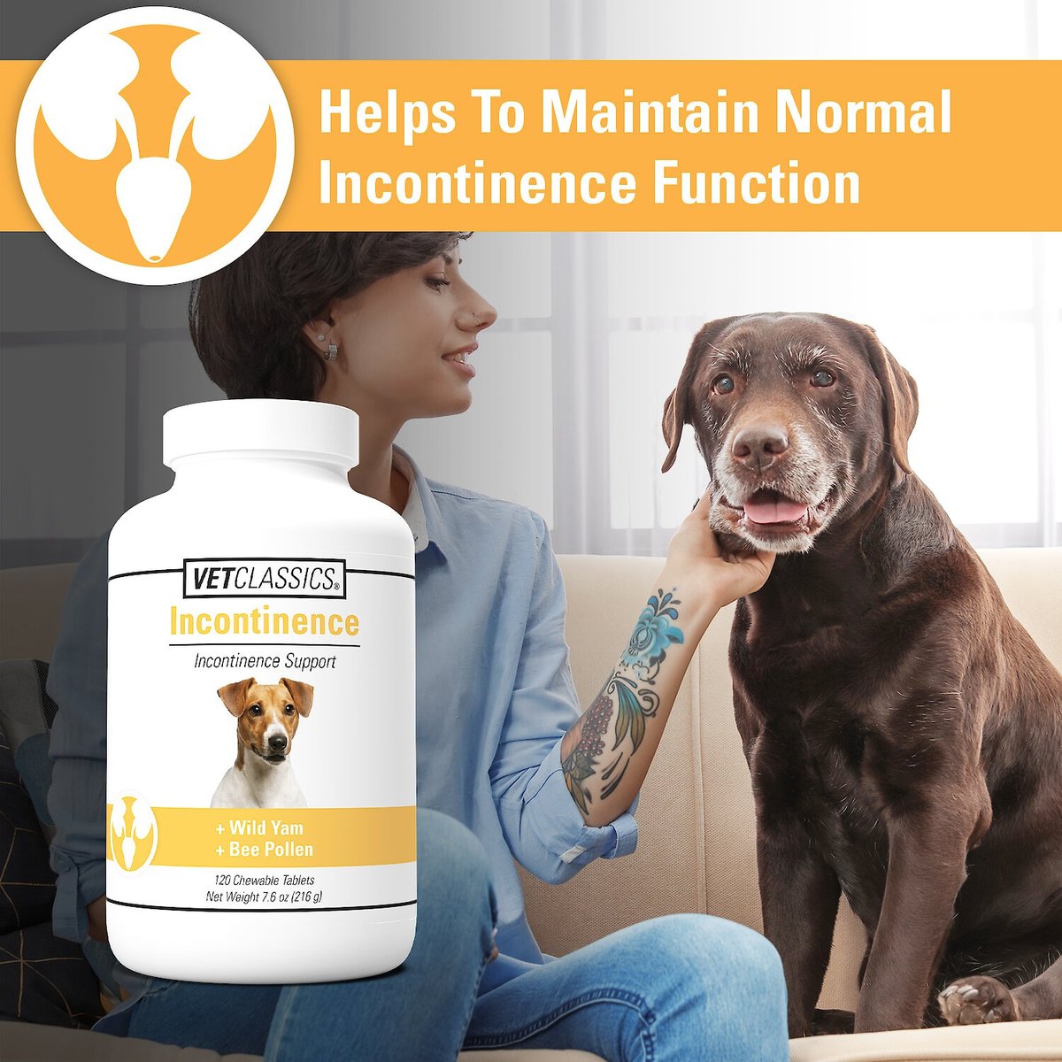 VETCLASSICS Incontinence Support Chewable Tablets Dog Supplement, 120 ...