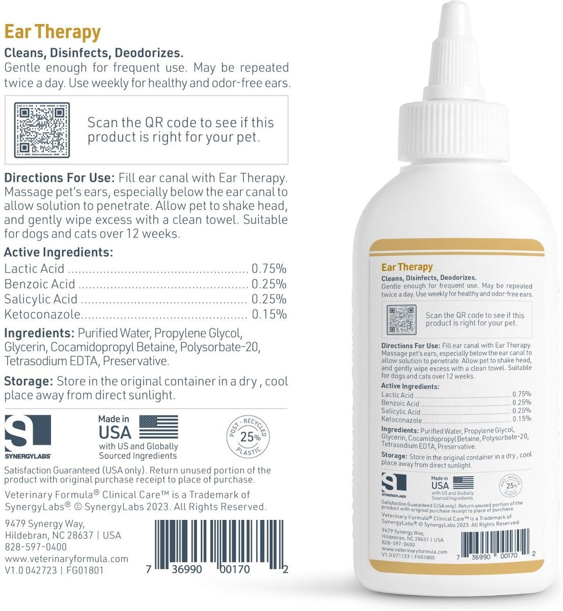 VETERINARY FORMULA CLINICAL CARE Ear Therapy Dog & Cat Ear Cleaner, 4 ...