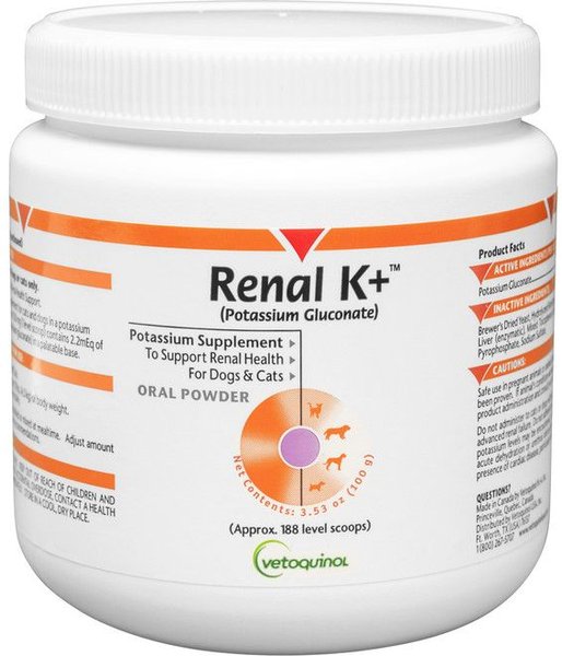 VETOQUINOL Renal K+ Powder Kidney Supplement for Cats & Dogs, 100g ...